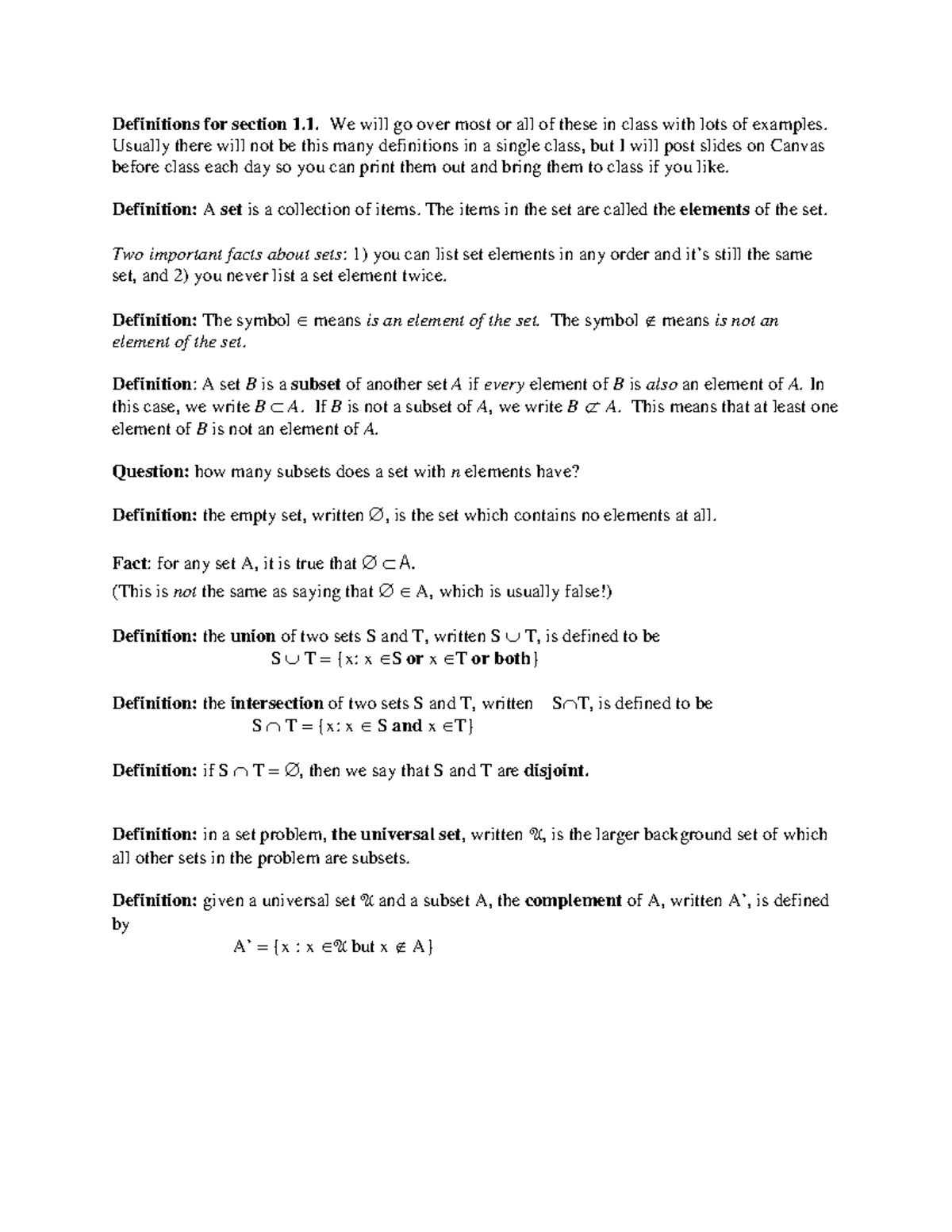 Definitions of Section1.1 - Definitions for section 1. We will go over ...