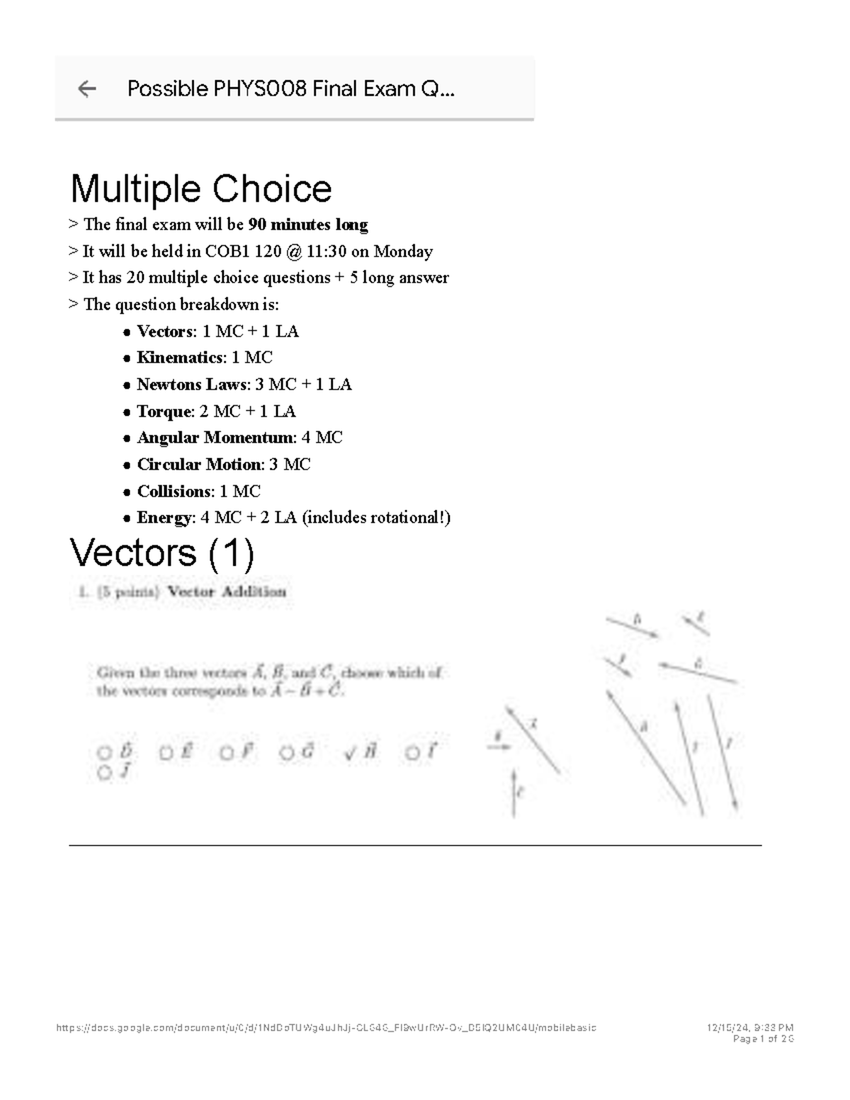 PHYS008 Final Exam: Multiple Choice & Long Answer Breakdown - Studocu