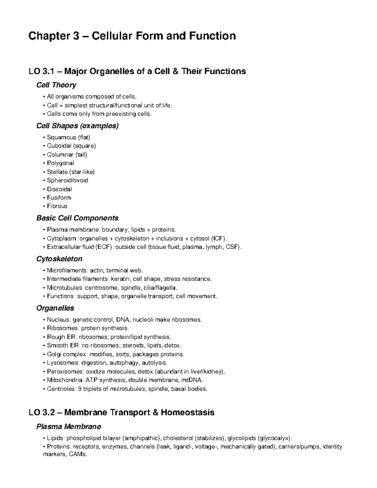Chapter 3 Study Guide: Cellular Form & Function (LO 3.1 & LO 3.2) - Studocu