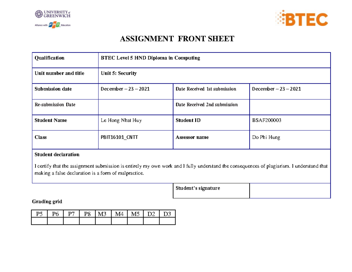 Unit 5 - Assignment 2 frontsheet - ASSIGNMENT FRONT SHEET Qualification BTEC Level 5 HND Diploma ...