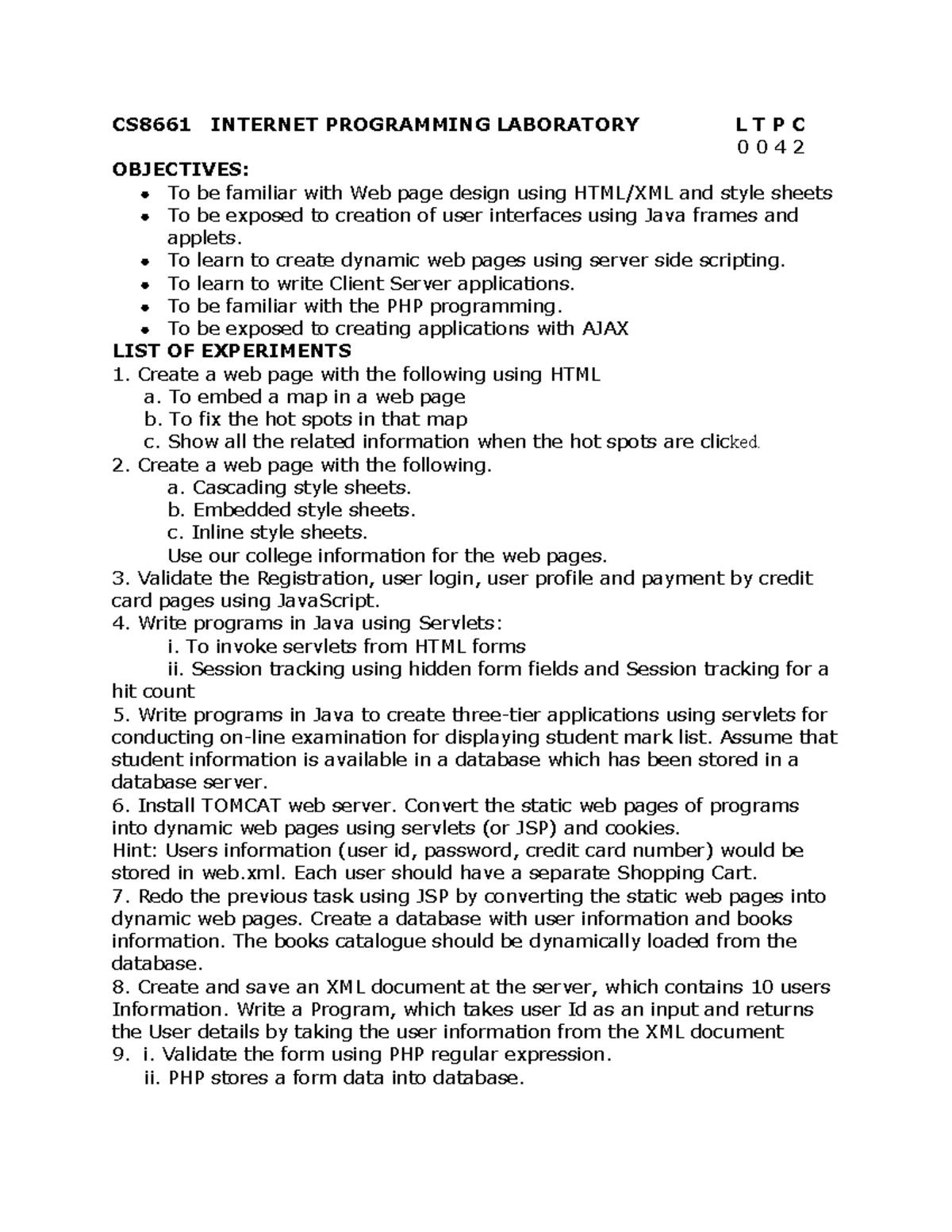 CS8661 Internet Programming Laboratory Manual: Experiments & Outcomes ...