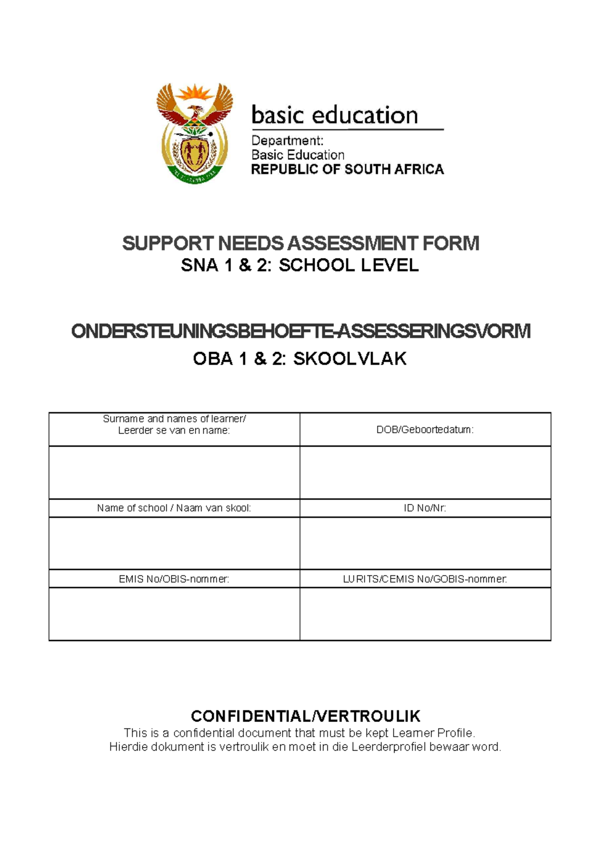 SNA 1 & 2: Support Needs Assessment Form for School-Level Interventions ...
