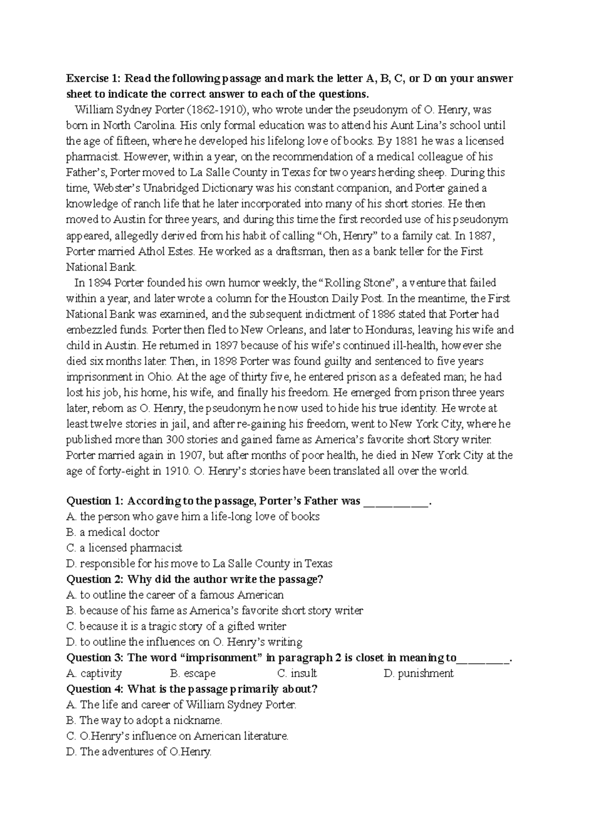 Reading 1: O. Henry's Life and Career Analysis - Studocu