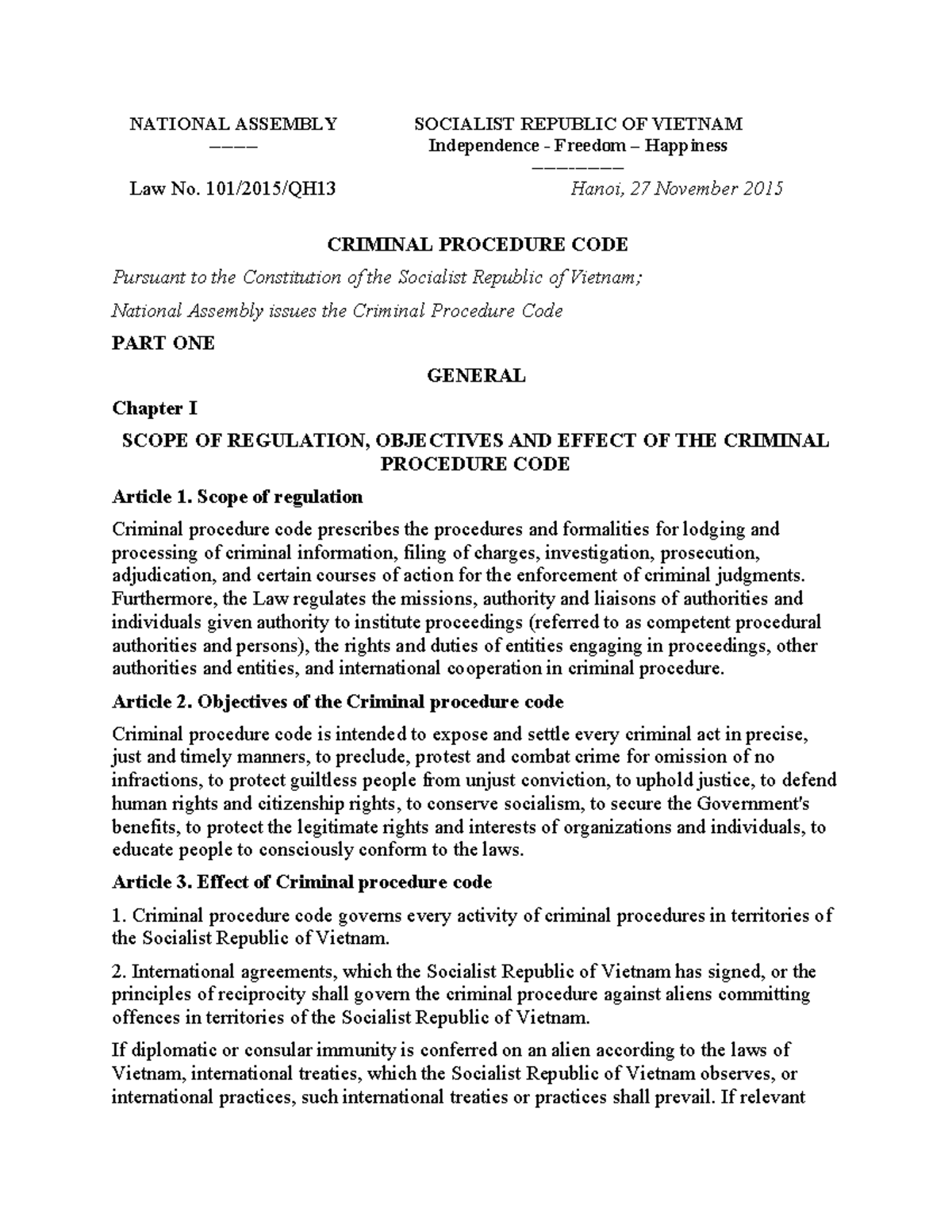 Criminal Procedure Code of Vietnam (Law No. 2015) Overview - Studocu
