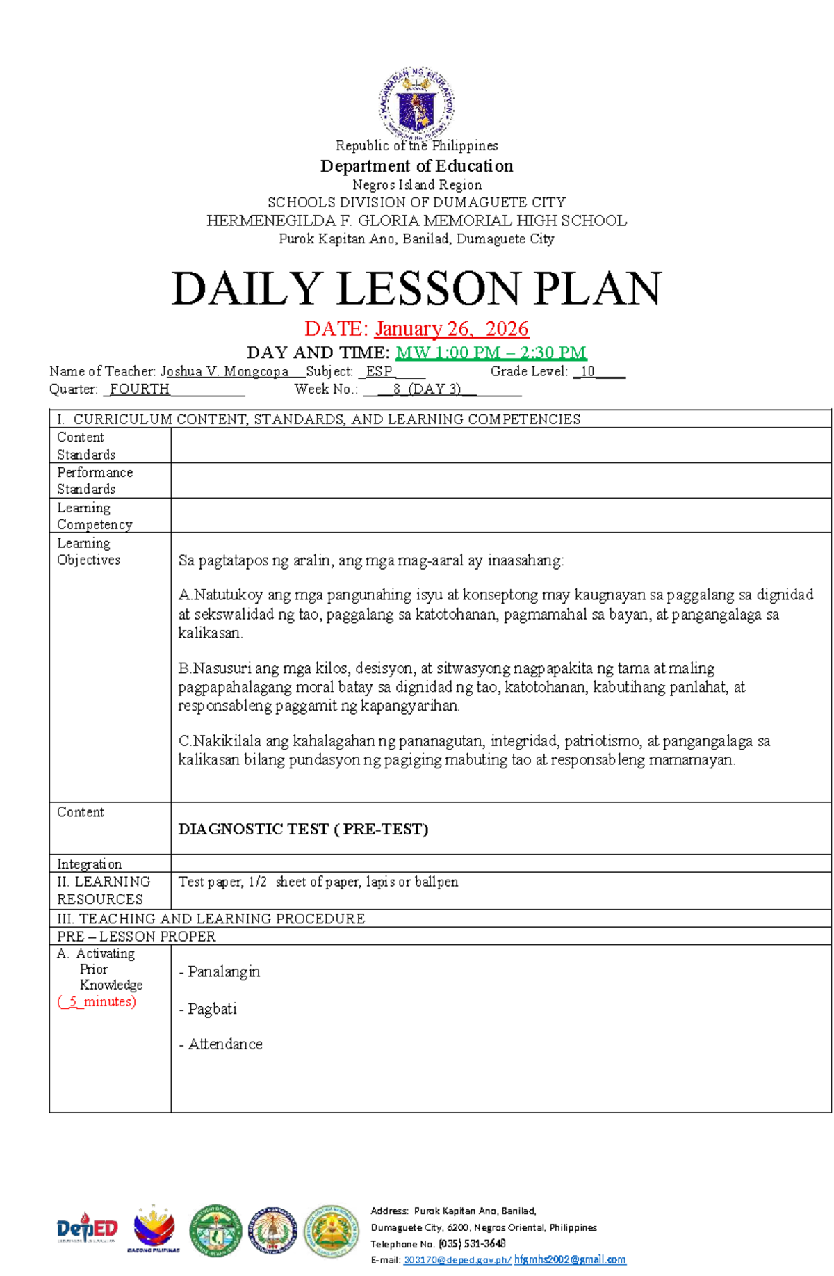 ESP Lesson Plan Week 1 (Day 3) - Final Exam Preparation - Studocu