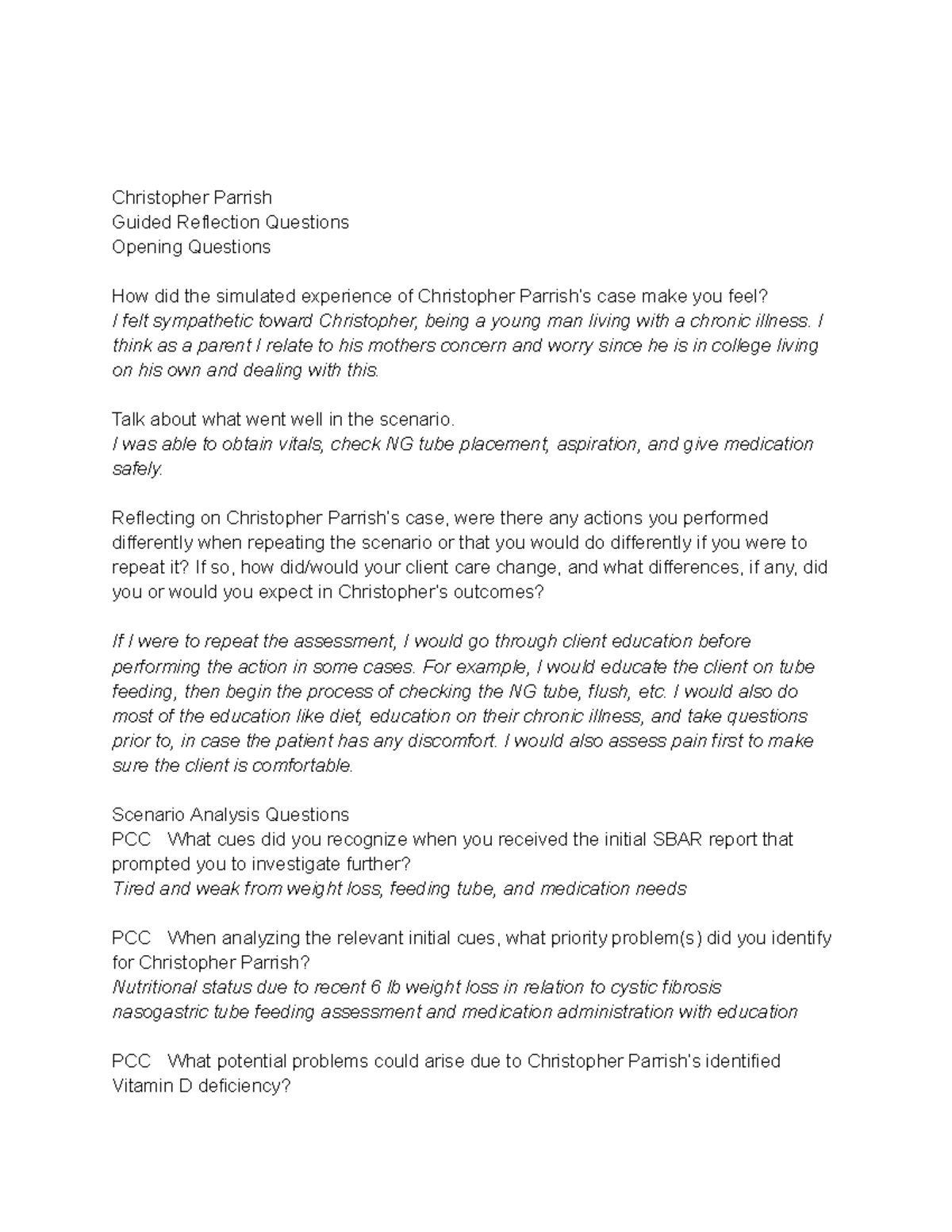 Christopher Parrish - Vsim Guided Reflection and Care Analysis - Studocu