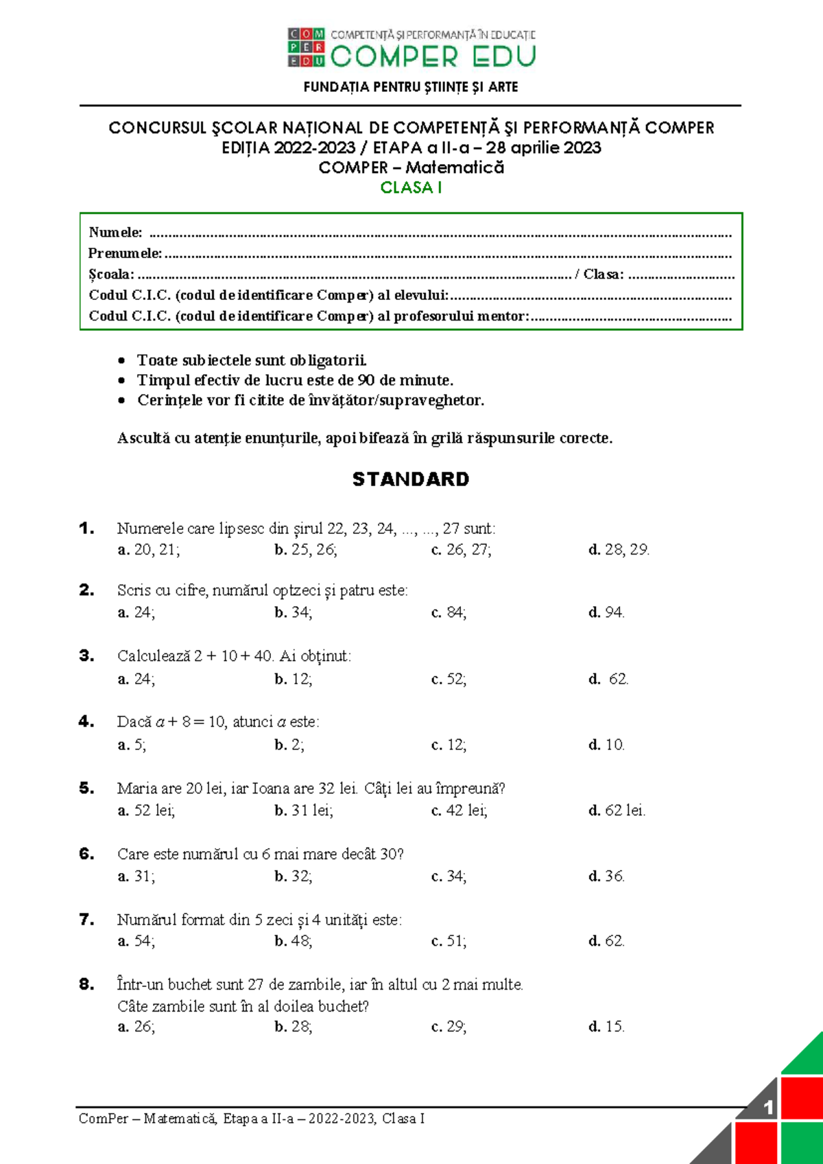 Comper Matematică Etapa II 2022-2023 Clasa I - Subiecte Examen - Studocu