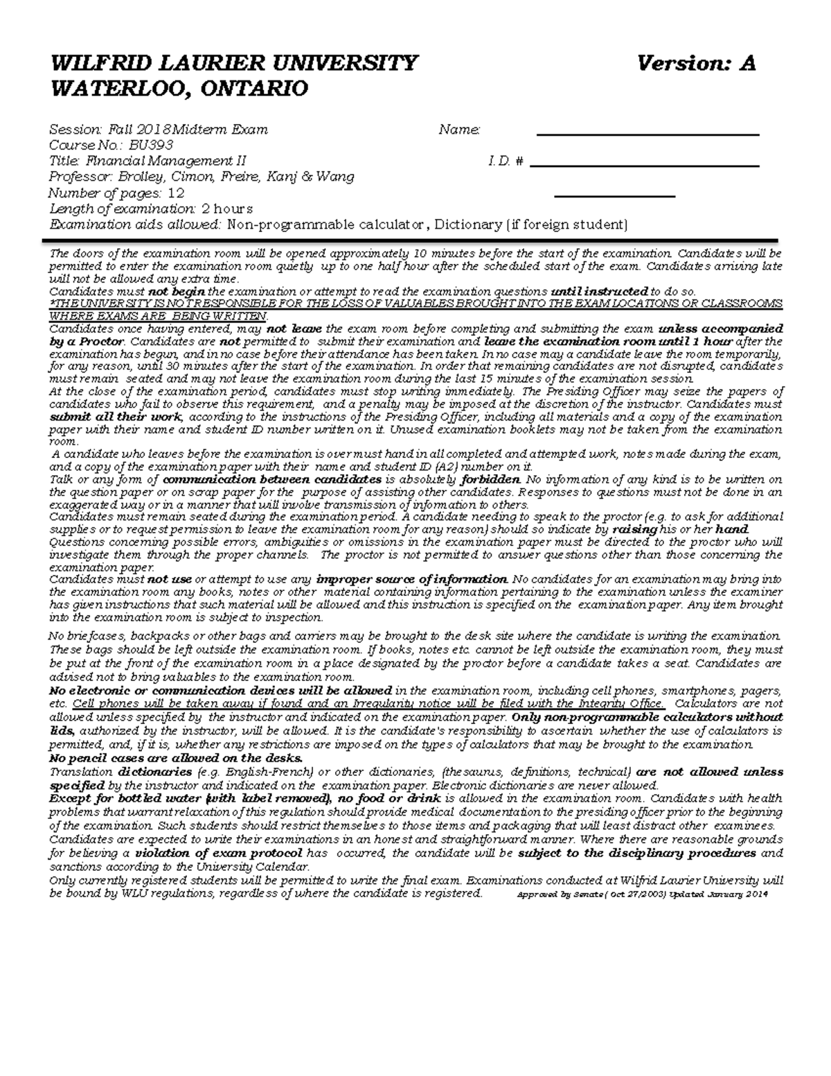 BU393 Fall 2018 Midterm Exam Solutions: Financial Management II - Studocu