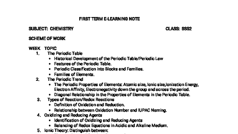 SSS2 Chemistry 1st Term Scheme of Work: The Periodic Table & Reactions ...