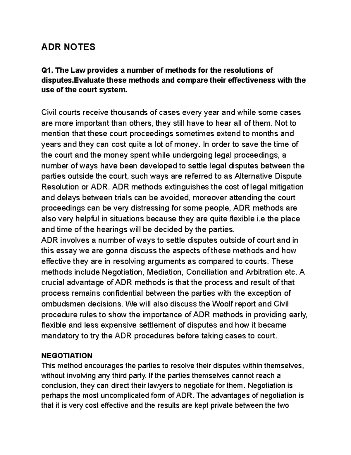 ADR ESSAY Q1: Evaluating Alternative Dispute Resolution Methods - Studocu