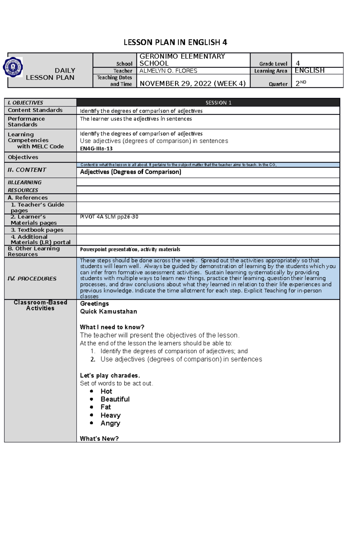 LP ENGLISH 4: Lesson Plan on Adjectives - Degrees of Comparison - Studocu
