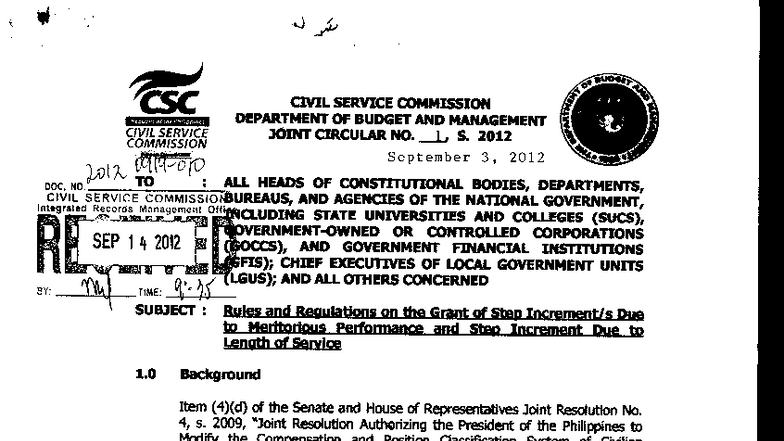 CSC DBM Joint Circular 01-2012: Step Increment Guidelines - Studocu