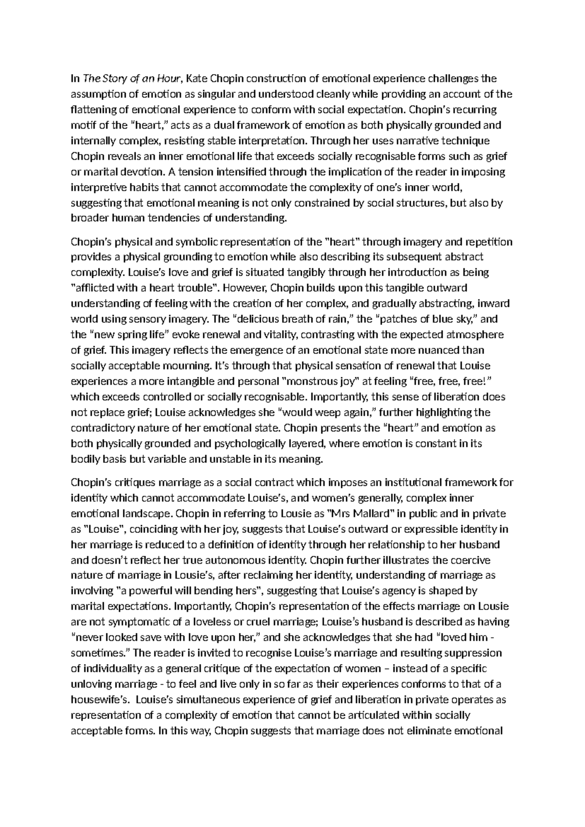 In The Story of an Hour - Assignment 1 Analysis of Emotional Complexity ...