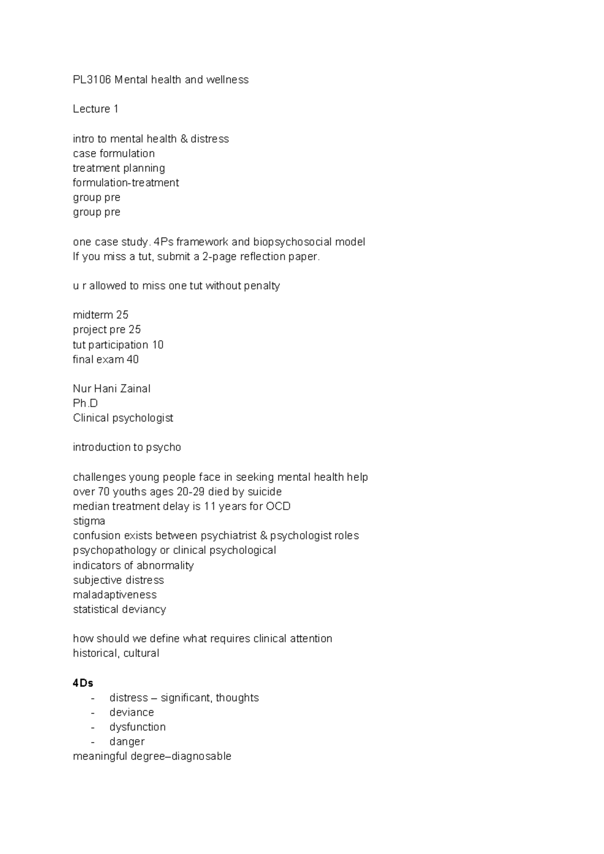 PL3106 Mental Health & Wellness: Lecture 1 Notes on Distress ...
