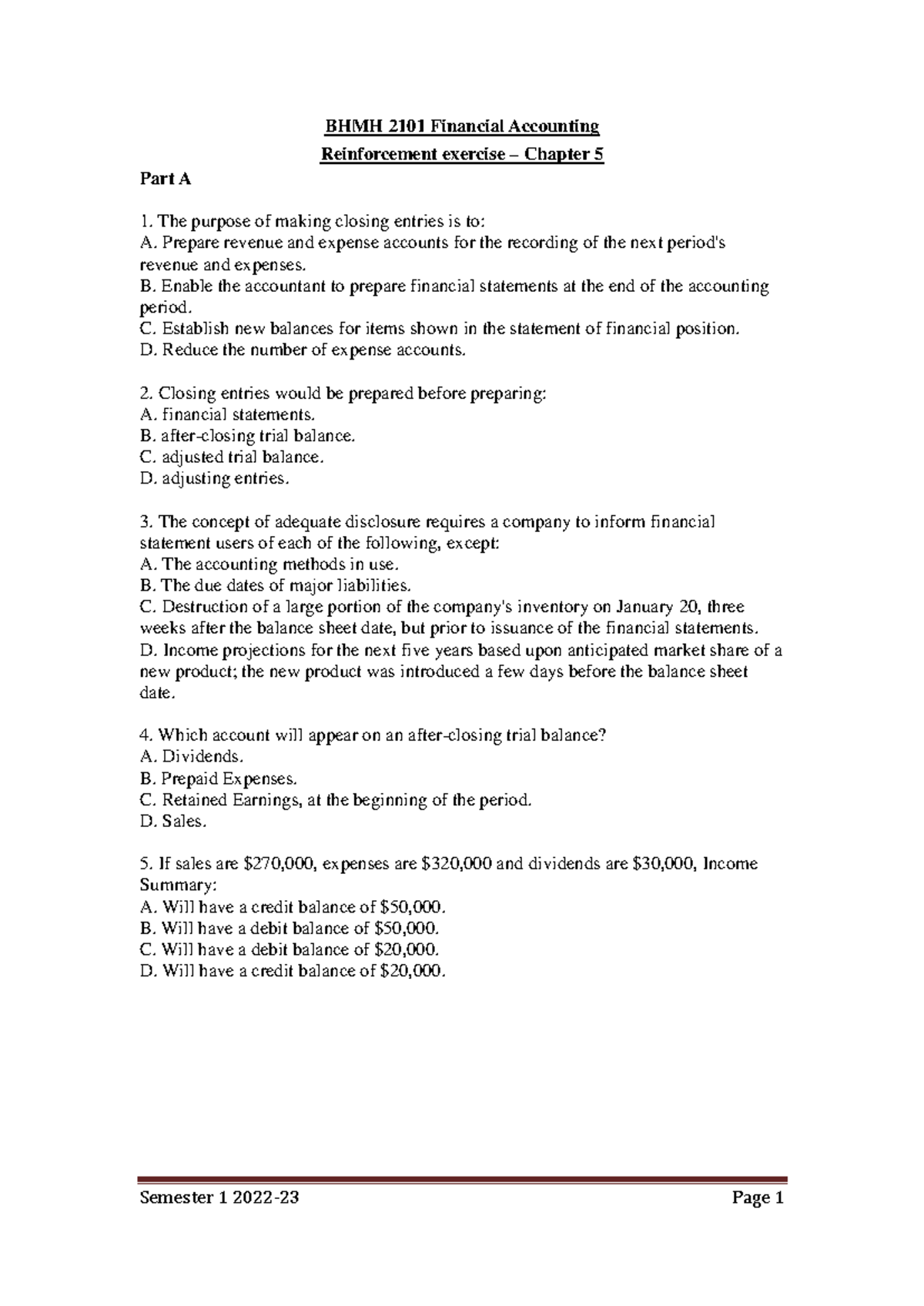 BHMH 2101 Financial Accounting Chapter 5 Homework Tutorial - Studocu