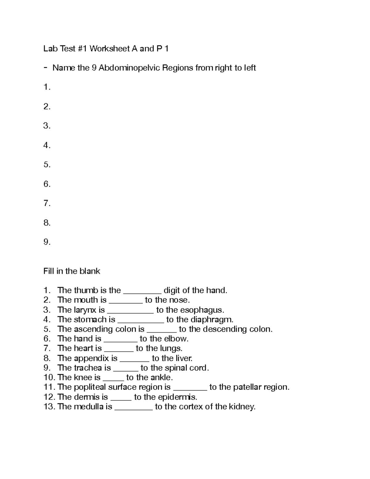 H&P Lab Exam 1 Practice: Abdominopelvic Regions & Body Cavities - Studocu
