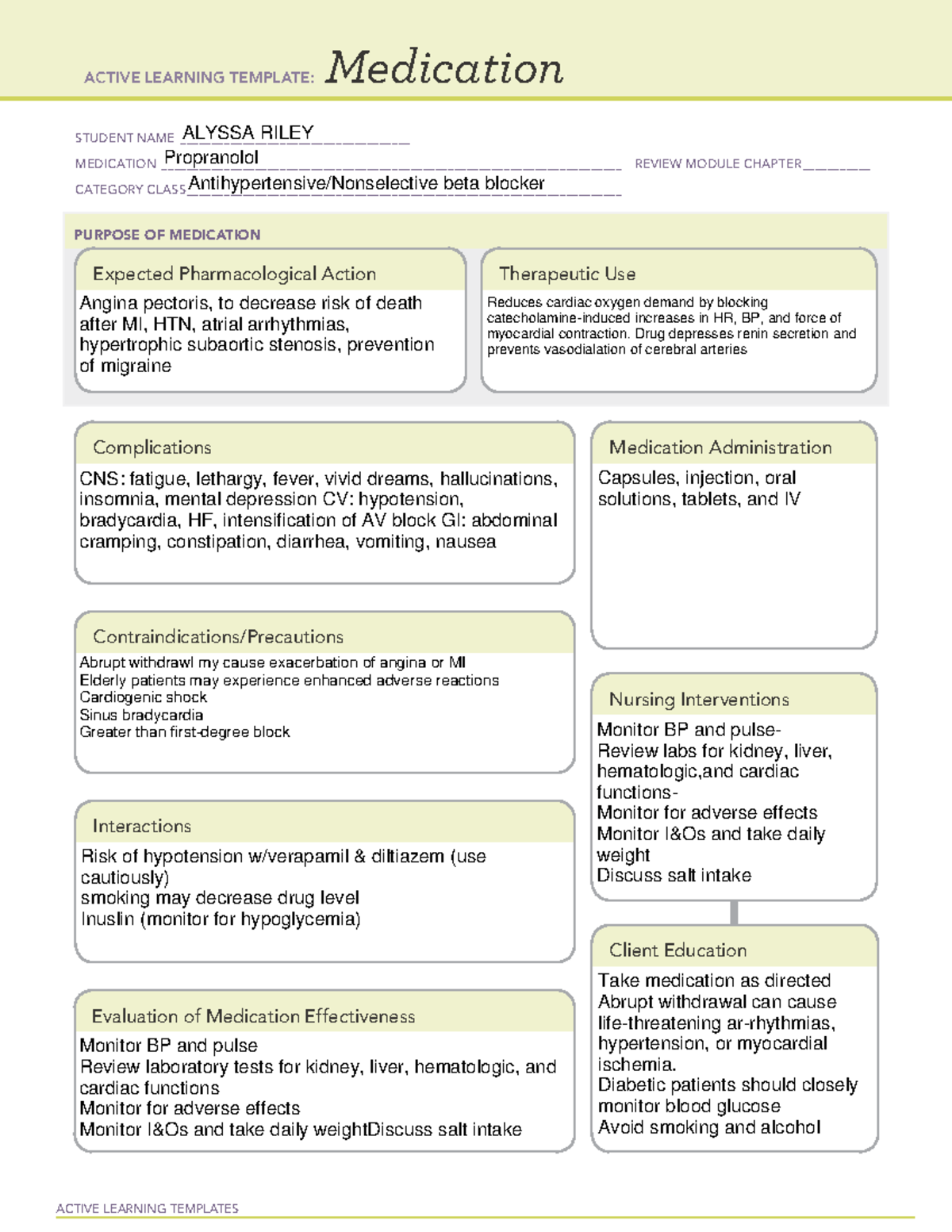 Pharm WK 1 Propranolol - drug cards - ACTIVE LEARNING TEMPLATES ...