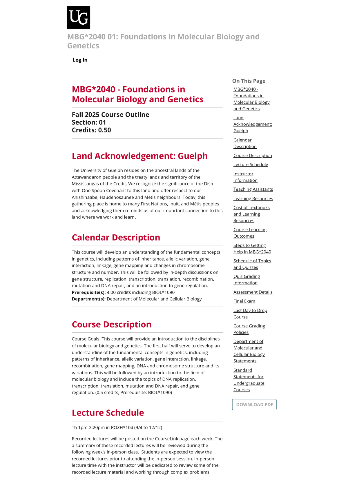 MBG 2040 01 Course Outline: Foundations in Molecular Biology & Genetics ...