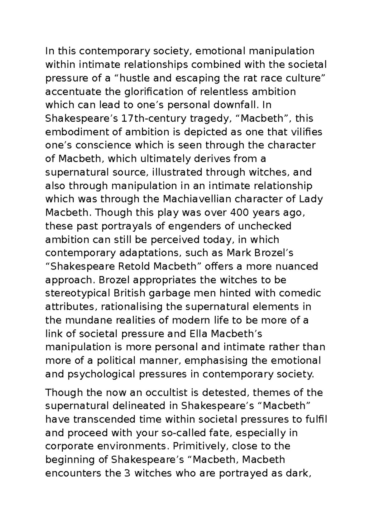 ENG 201: Analysis of Ambition and Manipulation in Macbeth Adaptations ...