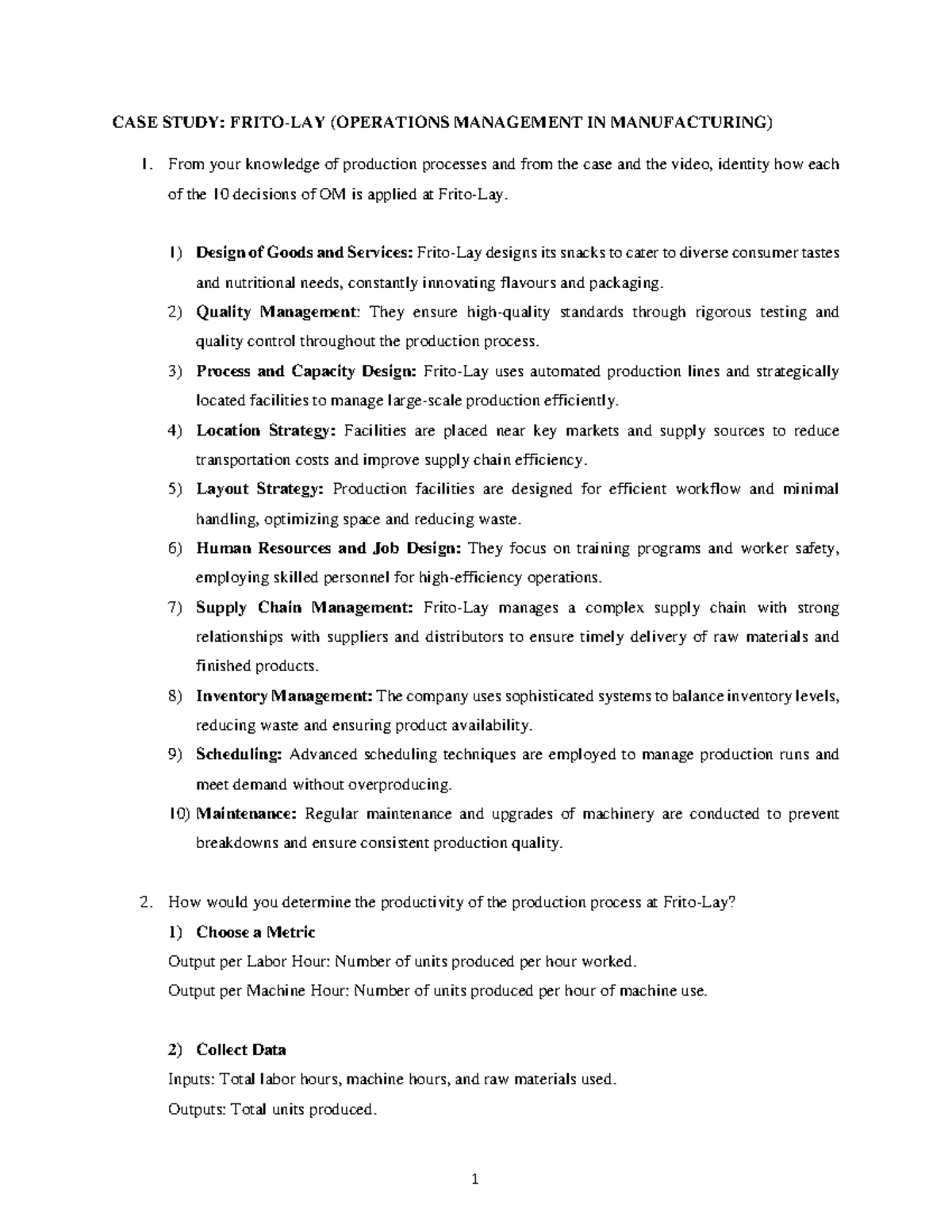 OPM 301 Case Study: Frito-Lay & Arnold Palmer Hospital Analysis - Studocu