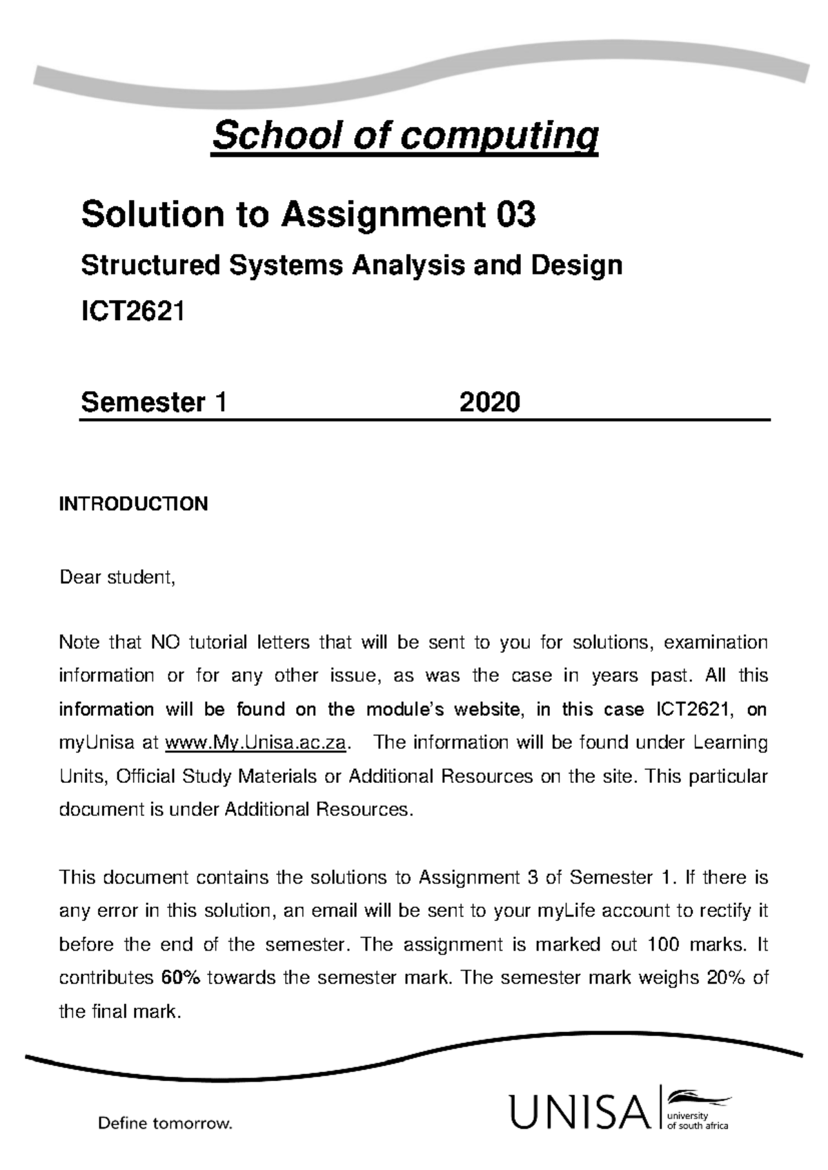 Solution to Assignment 3 ICT2621 - 1 School of computing Solution to ...