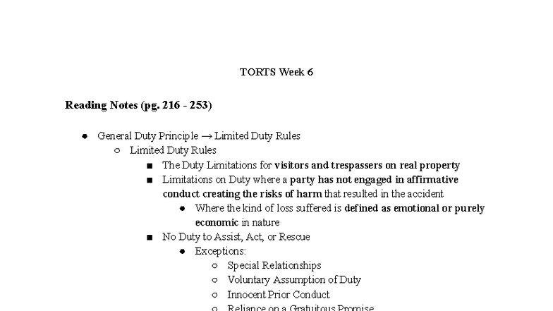 TORTS 6: General Duty & Limited Duty Rules Reading Notes - Studocu