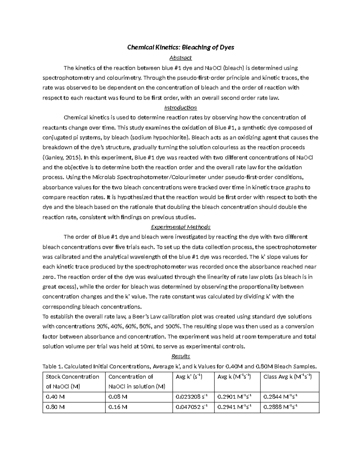 Chemical Kinetics Lab Report: Bleaching of Blue Dye (CHEM 11) - Studocu