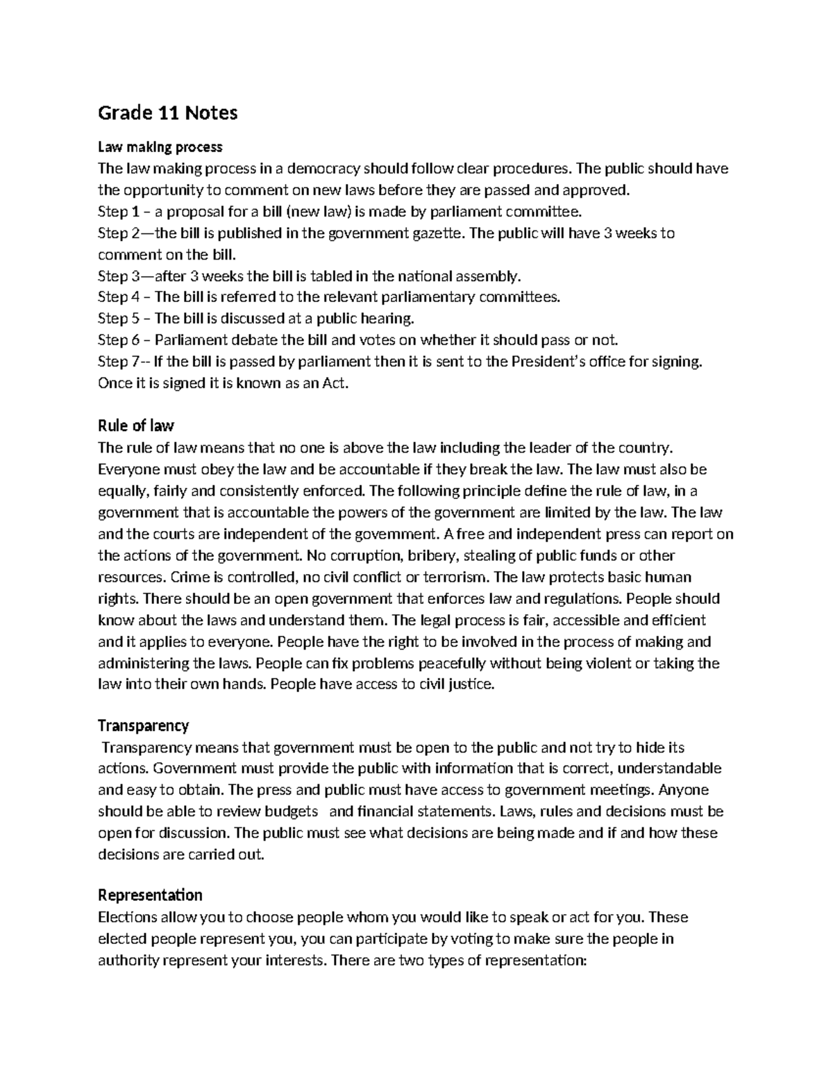 Grade 11 Notes: Understanding the Law-Making Process in Democracy - Studocu