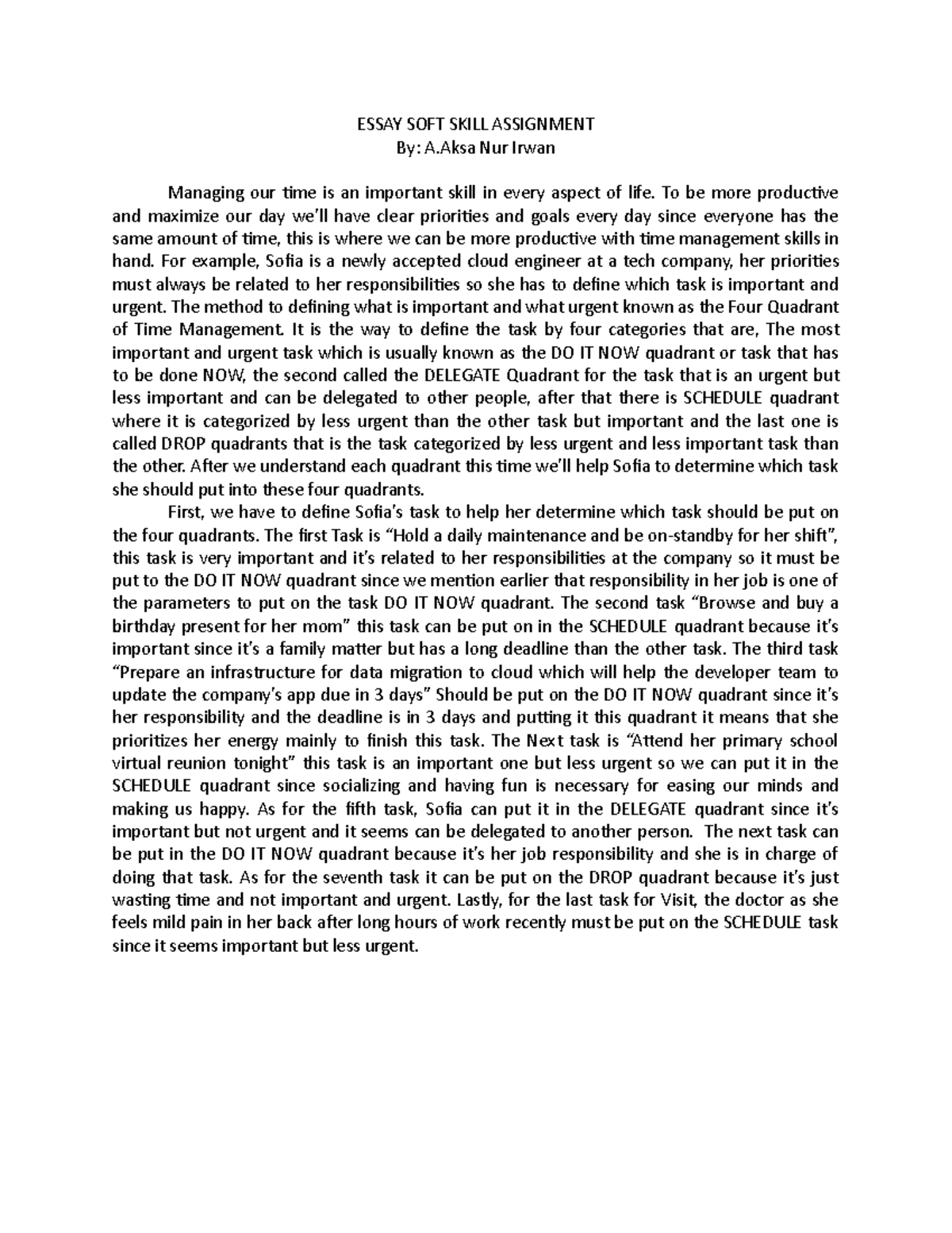 Time Management Skills: Four Quadrants Analysis - Soft Skills Essay ...