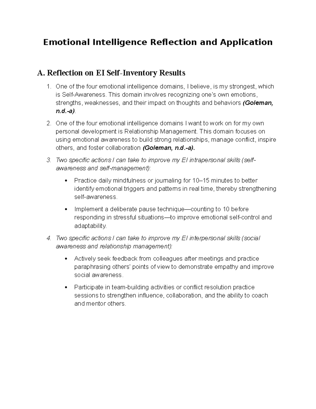 D082 Emotional Intelligence Reflection and Application Task 1 - Studocu