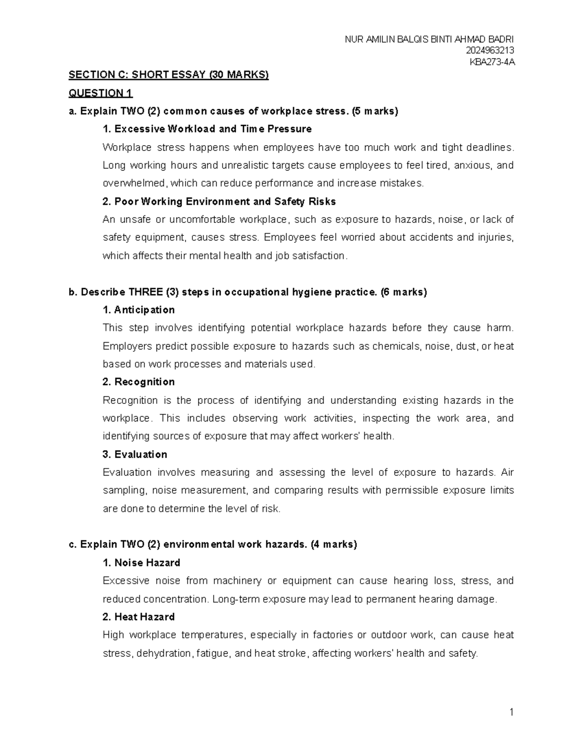 NUR 2024963213: Short Essay on Workplace Stress & Fire Safety ...