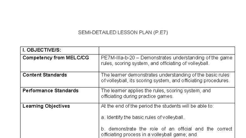 LESSON PLAN (P.E7) Volleyball Game Rules & Officiating Guide - Studocu