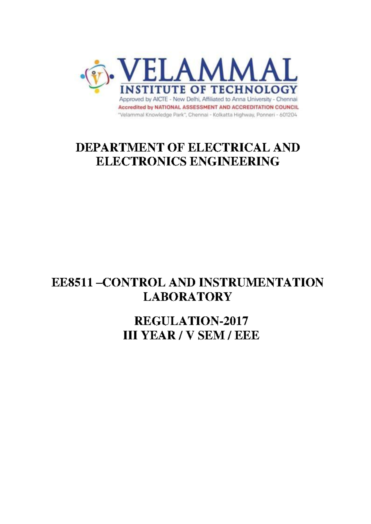 EE8511 - Control and Instrumentation Lab Manual Overview - Studocu
