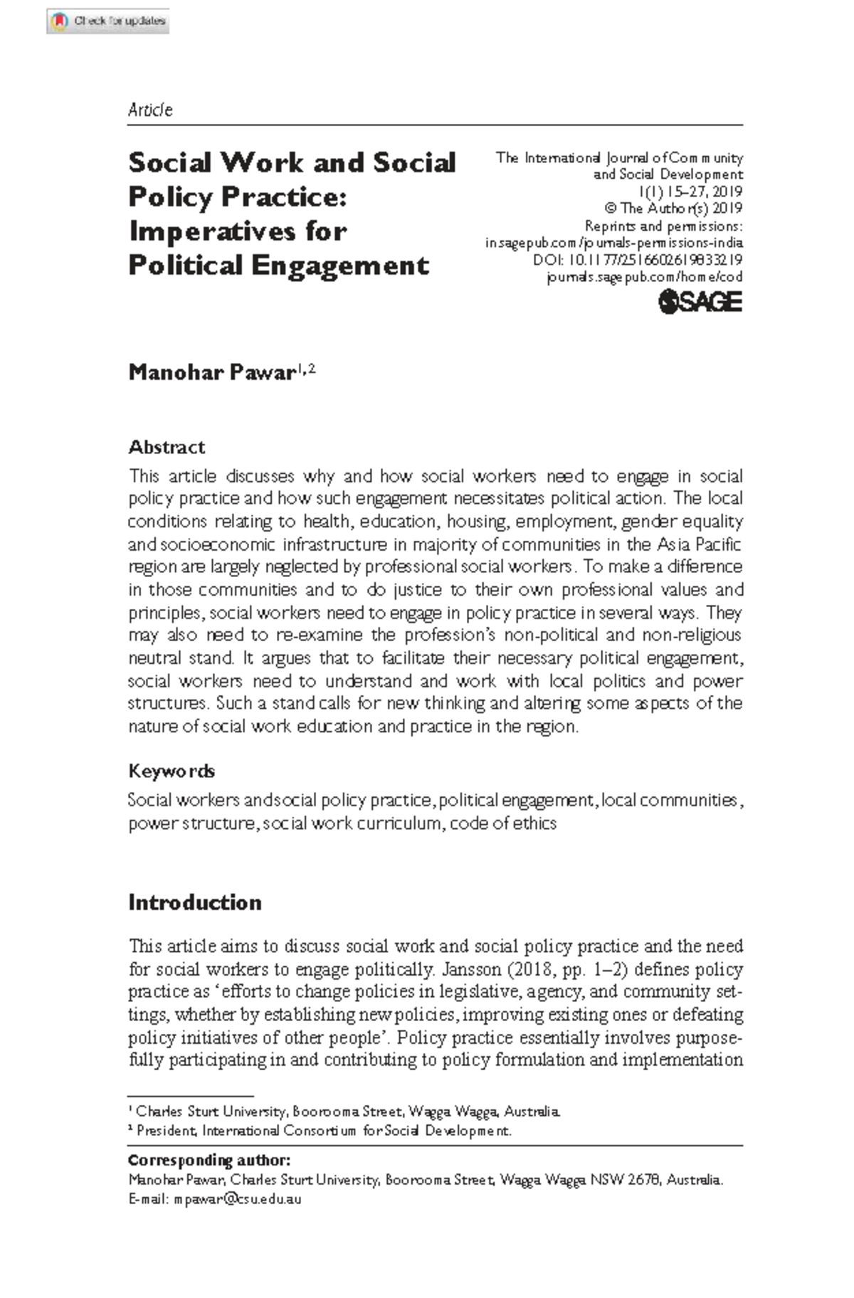 Social Work and Policy Practice: Engaging for Social Change (SWPP 2019 ...