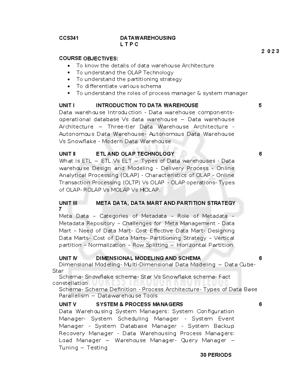 CCS341 Data Warehousing Syllabus: Course Objectives & Units - Studocu