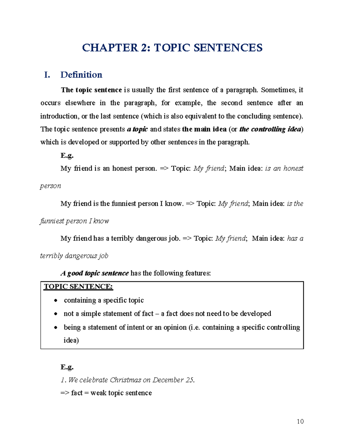 CHAPTER 2: TOPIC SENTENCES - Definition and Exercises - Studocu