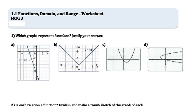 Functions, Domain, and Range Worksheet MCR3U (1.1 - 1.4) - Studocu