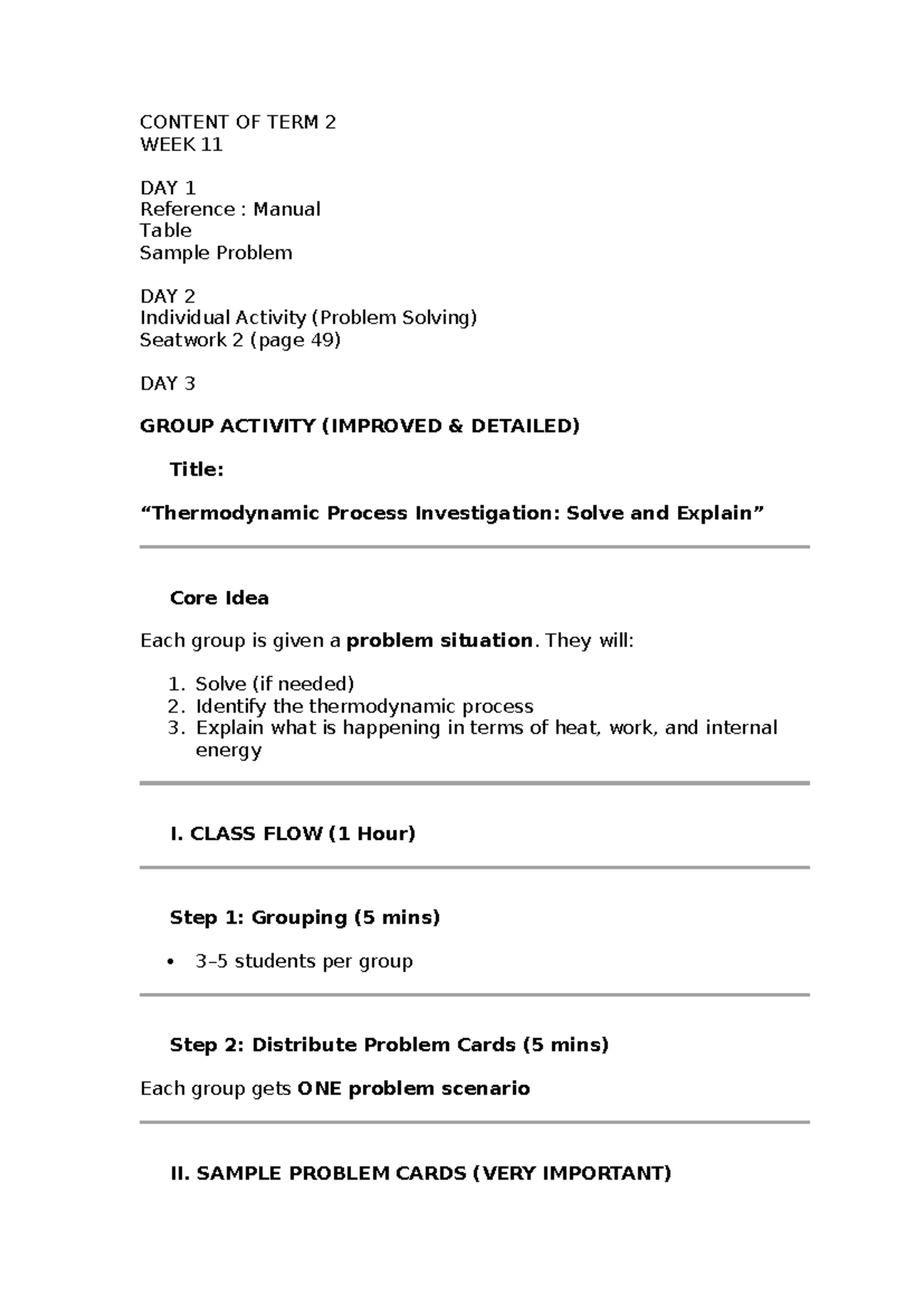 TERM 2 WEEK 11: Process Investigation & Problem Solving Activities ...