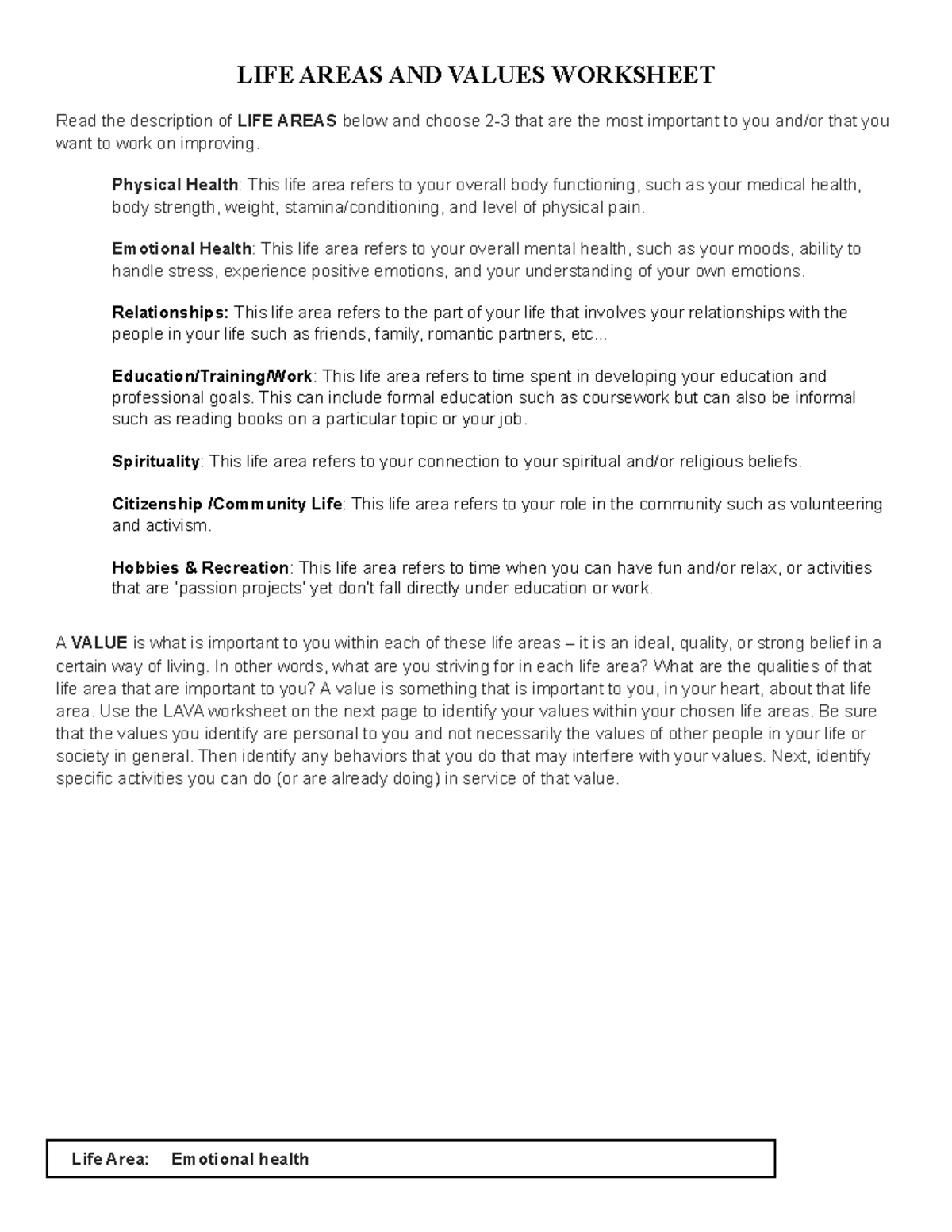 LAVA Values Worksheet: Exploring Life Areas for Improvement - Studocu
