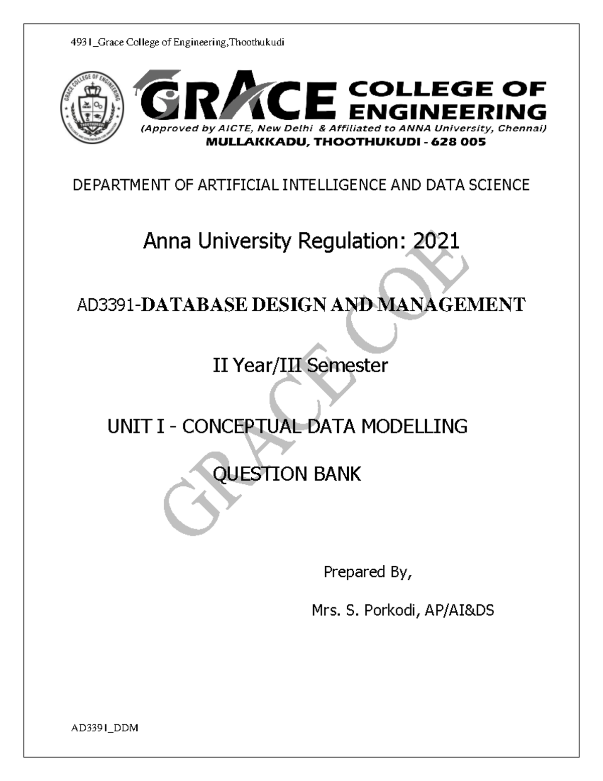 AD3391_DDM Question Bank: Unit I Conceptual Data Modeling Insights - Studocu