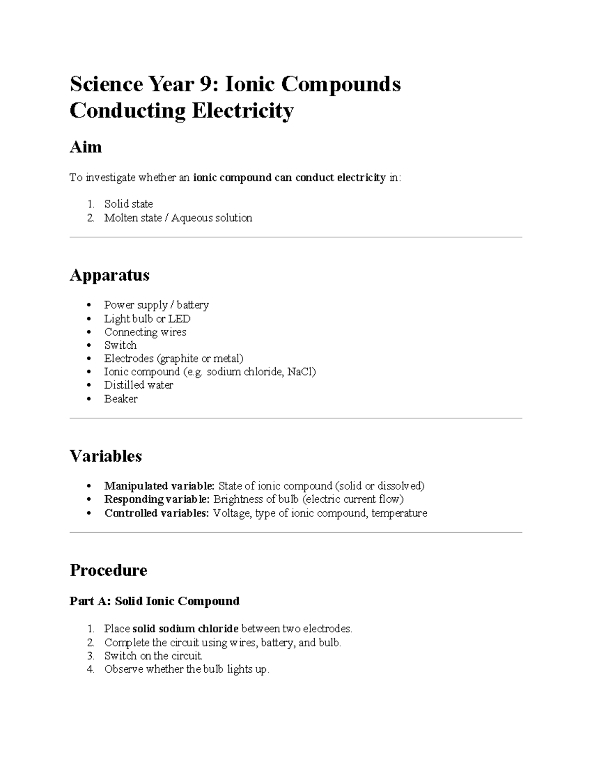 Science Year 9: Conductivity of Ionic Compounds Experiment - Studocu