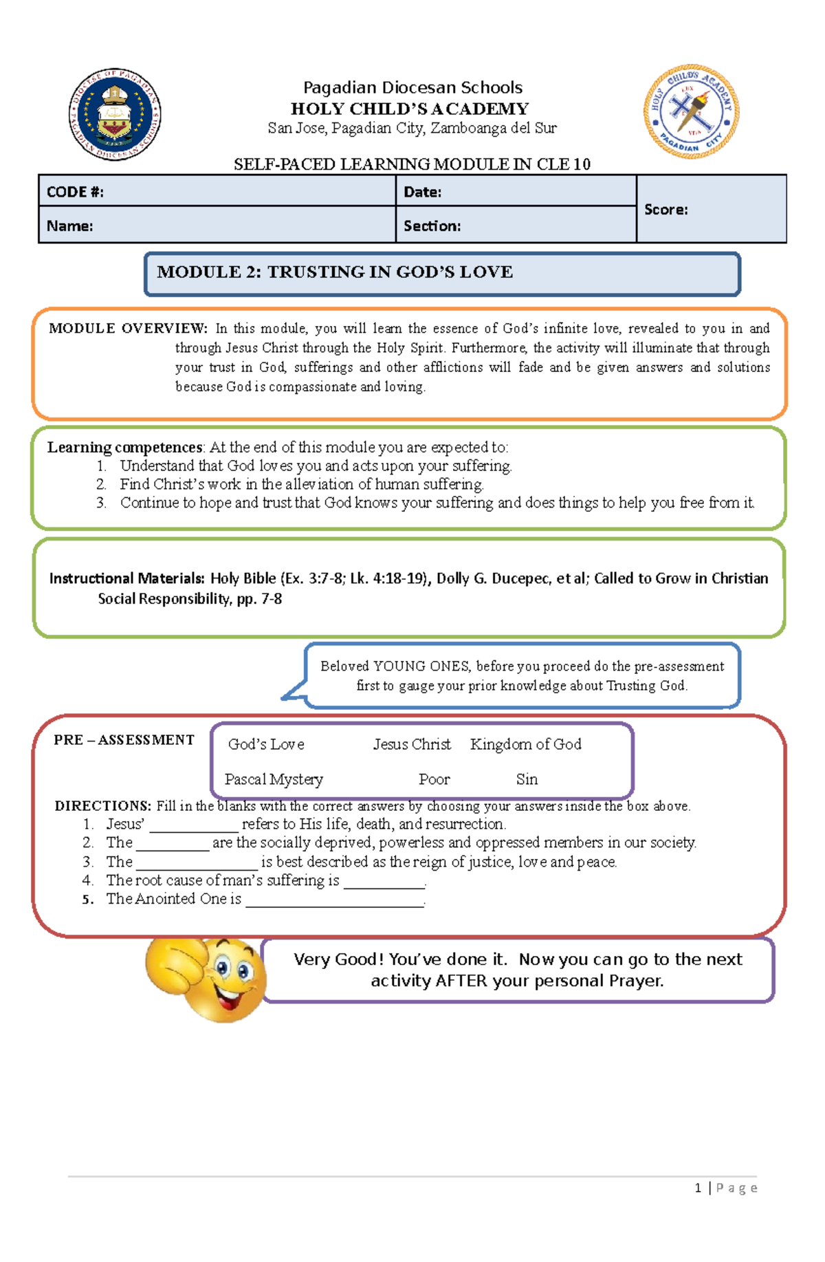 CLE 10 - Q1M2 - Trusting in God's Love: Self-Paced Learning Module ...