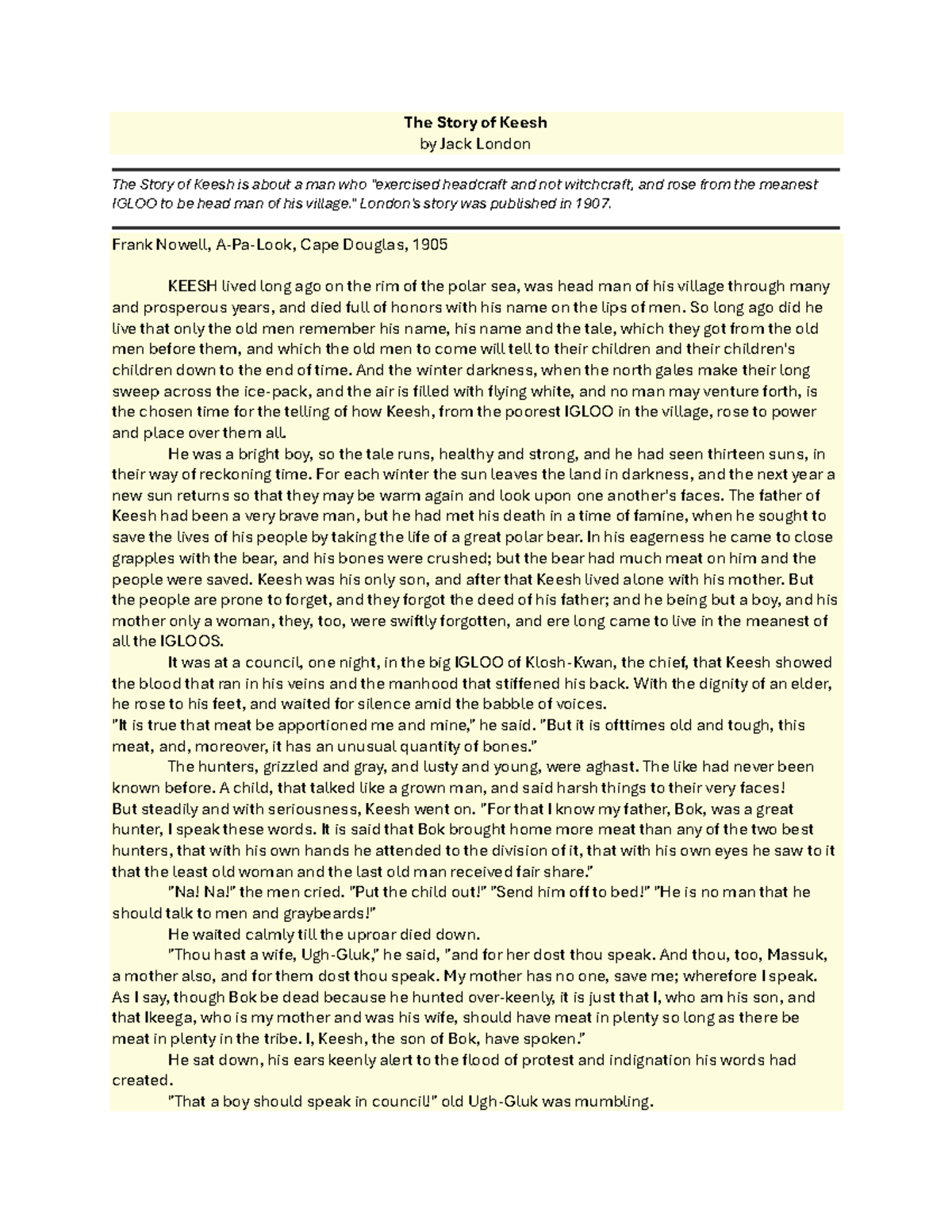 ENG 101: The Story of Keesh - A Tale of Ingenuity and Leadership - Studocu