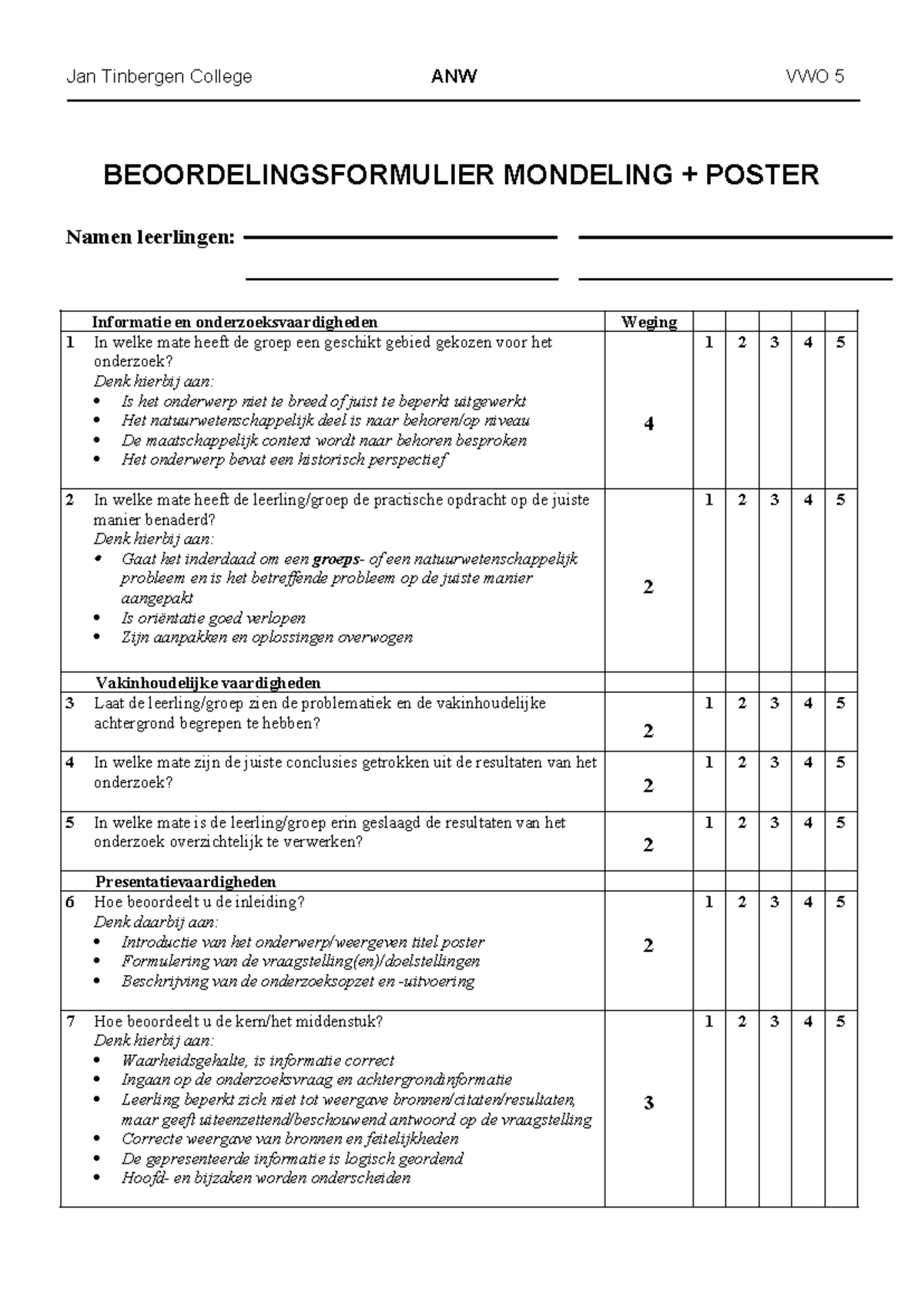 Jan Tinbergen College ANW VWO 5 Beoordelingsformulier Mondeling ...