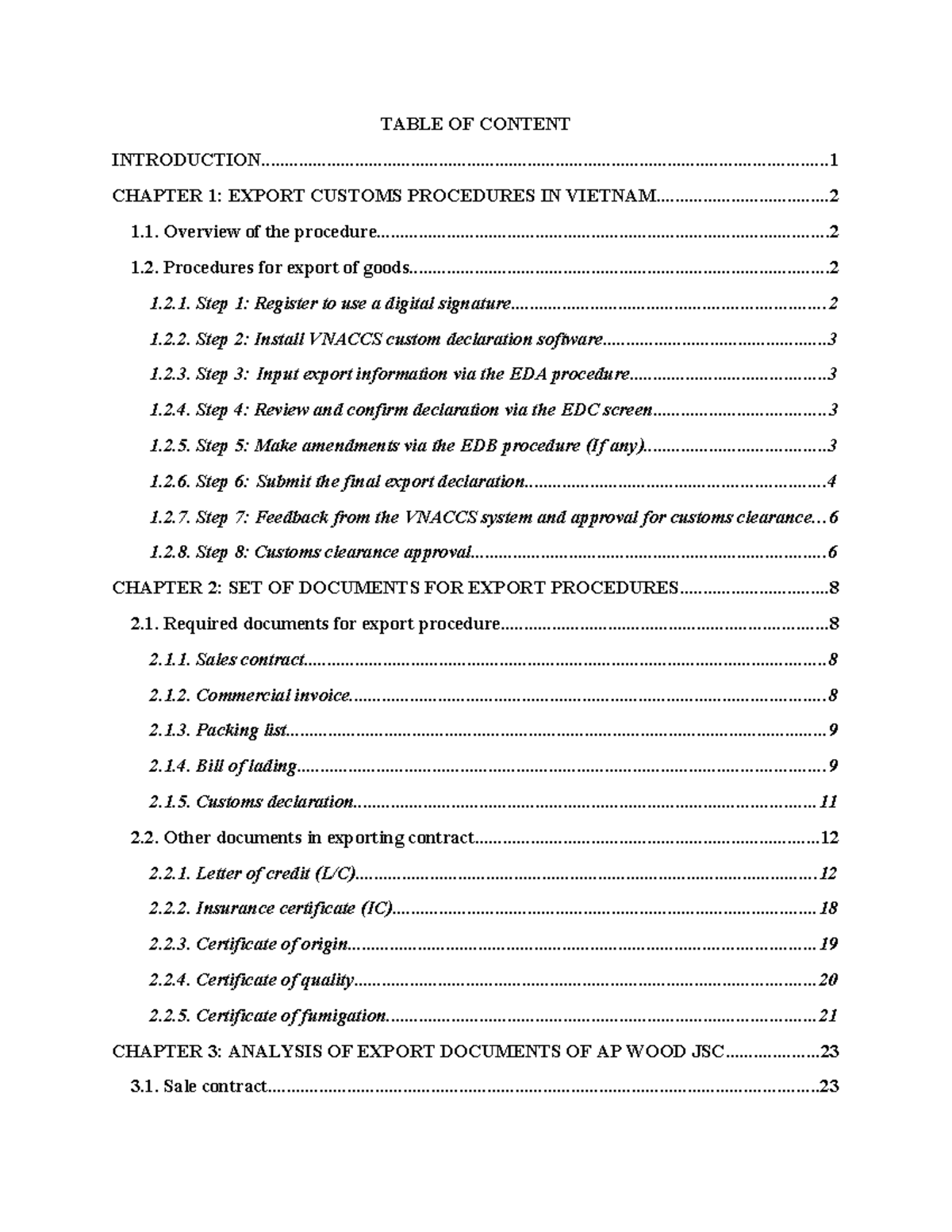 Export Customs Procedures and Documentation in Vietnam - Report Midterm ...