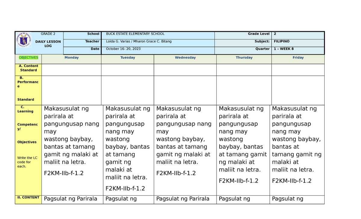 WEEK 8 - Filipino - Grade 2 Daily Lesson Plan and Activities - Studocu