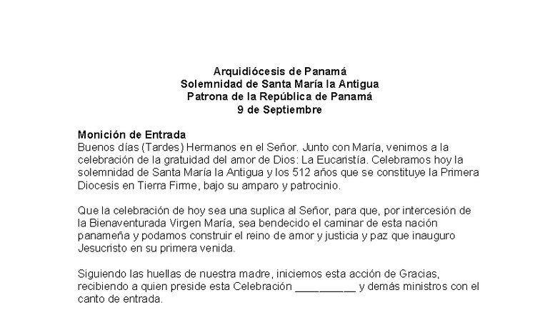 Solemnidad de Santa María la Antigua - Subsidio 9 de Septiembre - Studocu