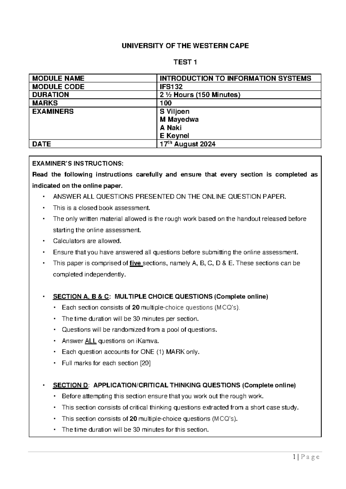 TEST 1 - IFS 132 - Introduction to Information Systems - 17 Aug 2024 ...