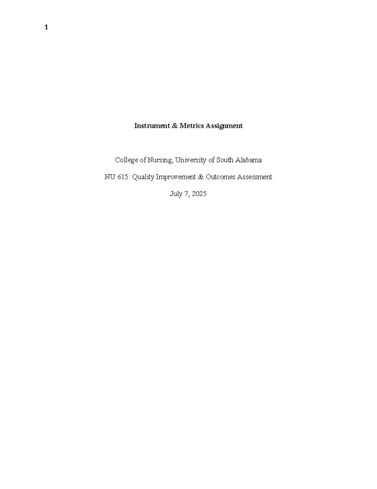 NU 615: Instrument Metrics Assignment for Quality Improvement - Studocu