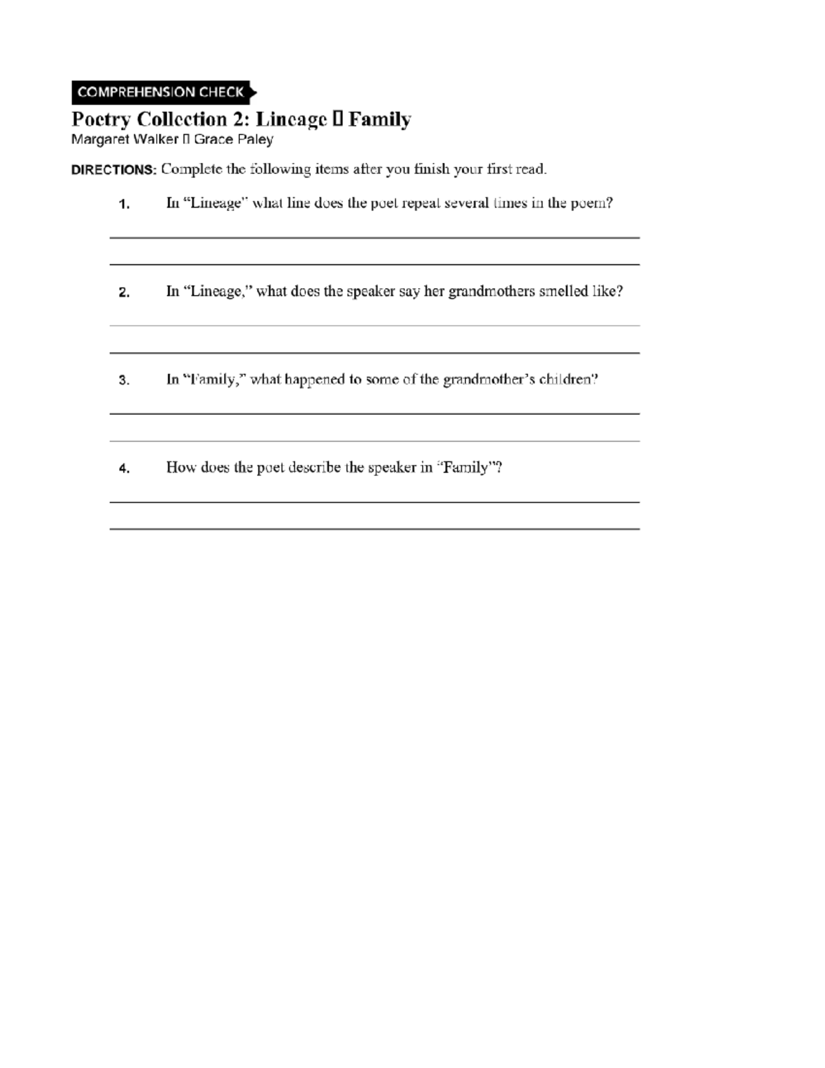 COMPREHENSION CHECK: Poetry Collection 2 - Lineage & Family Analysis ...